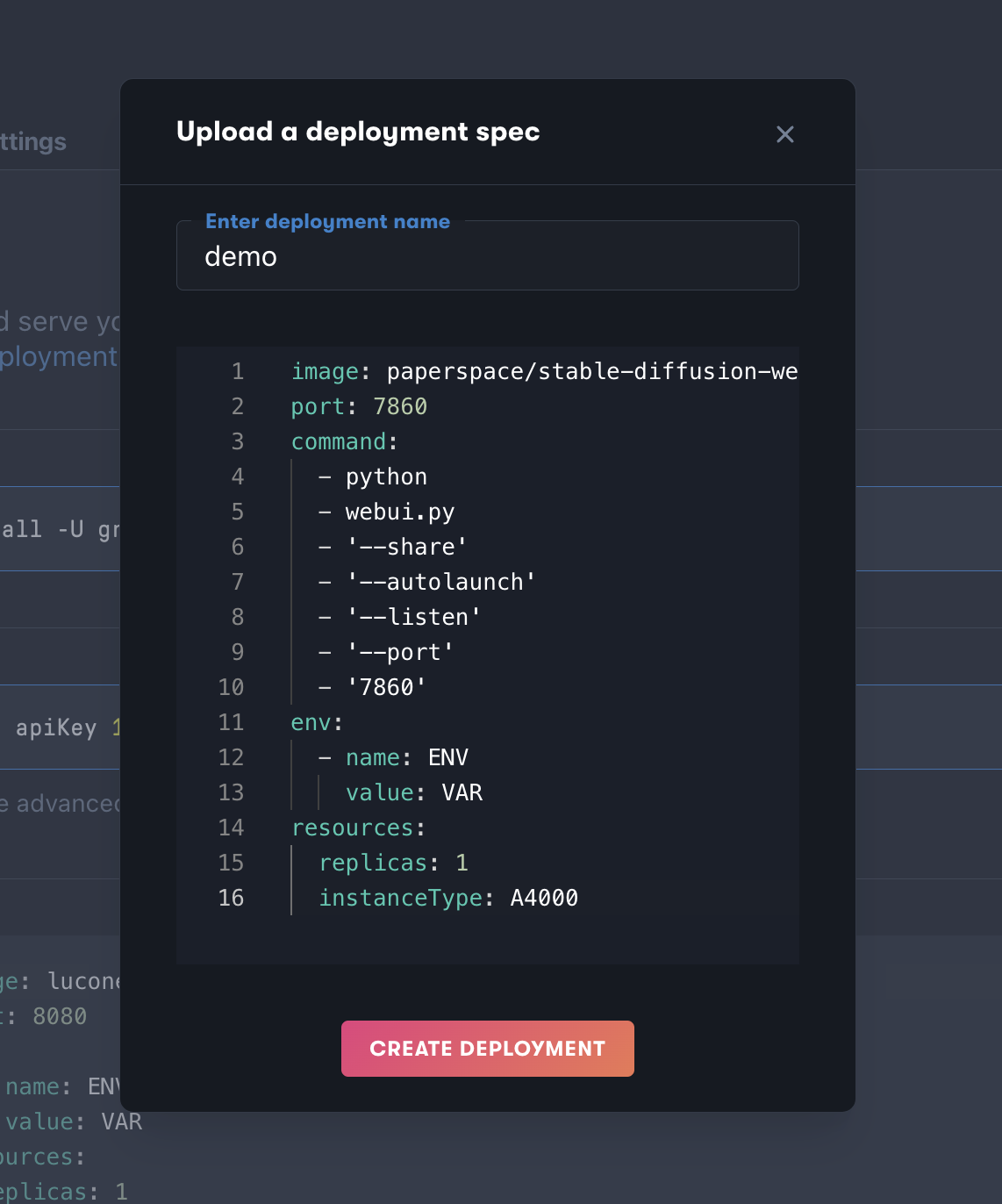Run the Stable Diffusion web UI from Gradient Deployments